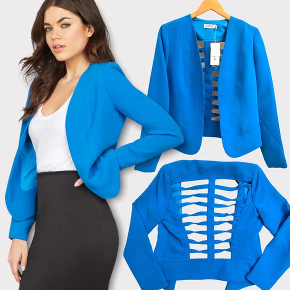JustFab | Jackets & Coats | Royal Blue Twist Cutout Open Back Blazer ...